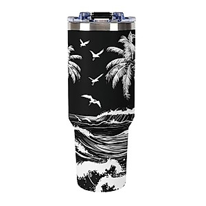 Palm Tree Black 40 Oz Tumbler Insulated Stainless Steel Water Bottle Travel Mug Car Cup with Handle And Straw