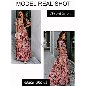 BLENCOT Women's Casual Boho Floral Printed Deep V Neck Loose Short Sleeve Long Evening Dress Ruched Cocktail Party Maxi Wedding Dress Red X-Large