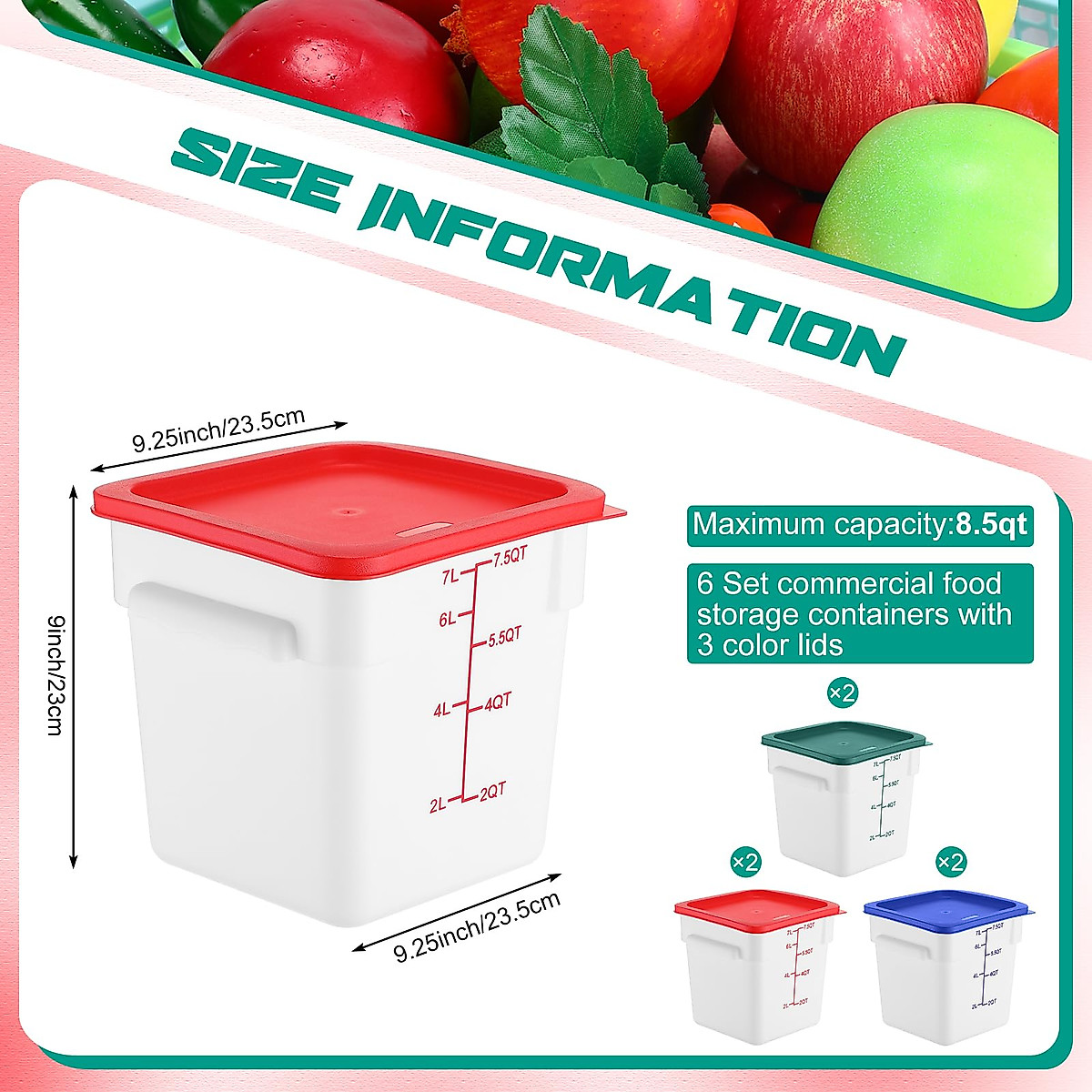 Wenqik 6 Pieces 7.5 Quart Commercial Food Storage Containers with Lid Square Food Storage Containers with Lids Space Saving Clear Brining Container for Kitchen Restaurant Freezer Flour Sugar