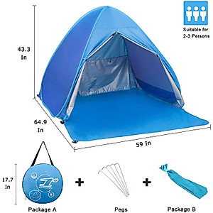 Pop Up Beach Tent Shade Sun Shelter UPF 50+ Canopy Cabana 2-3 Person for Adults Baby Kids Outdoor Activities Camping Fishing Hiking Picnic Touring (Blue)