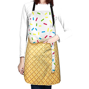 Cartoon Ice Cream Food Cute Aprons for Women Men, Flowing Cream Cooking Chef with 2 Pockets Adjustable Neck Strap Apron Perfect Cooking and Baking Apron for Women Dad Gifts, White Yellow