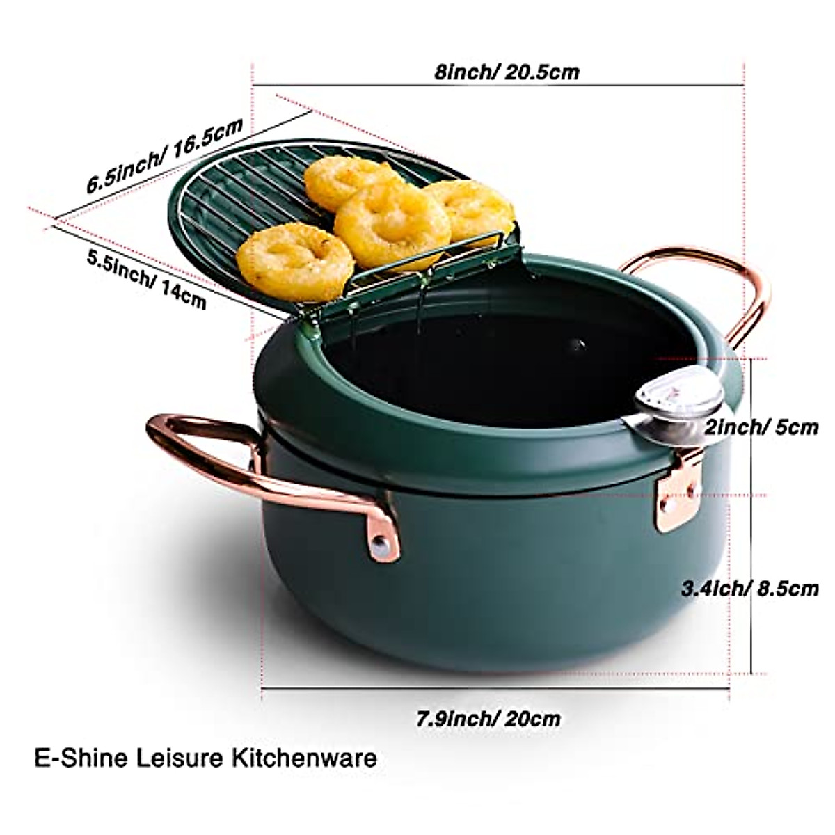 E-Shine Leisure Deep Fryer Pot, Japanese Style Tempura Deep Fryer with Fahrenheit Thermometer, Small and Easy Clean, Vintage Green, DIAM. 8”