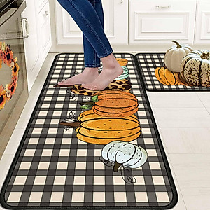 OUXIOAZ Buffalo Plaid Fall Pumpkin Decorative Kitchen Rugs Set of 2, Non Slip Absorbent Autumn Thanksgiving Pumpkin Kitchen Rugs and Mats Sets 17"x47"+17"x30"