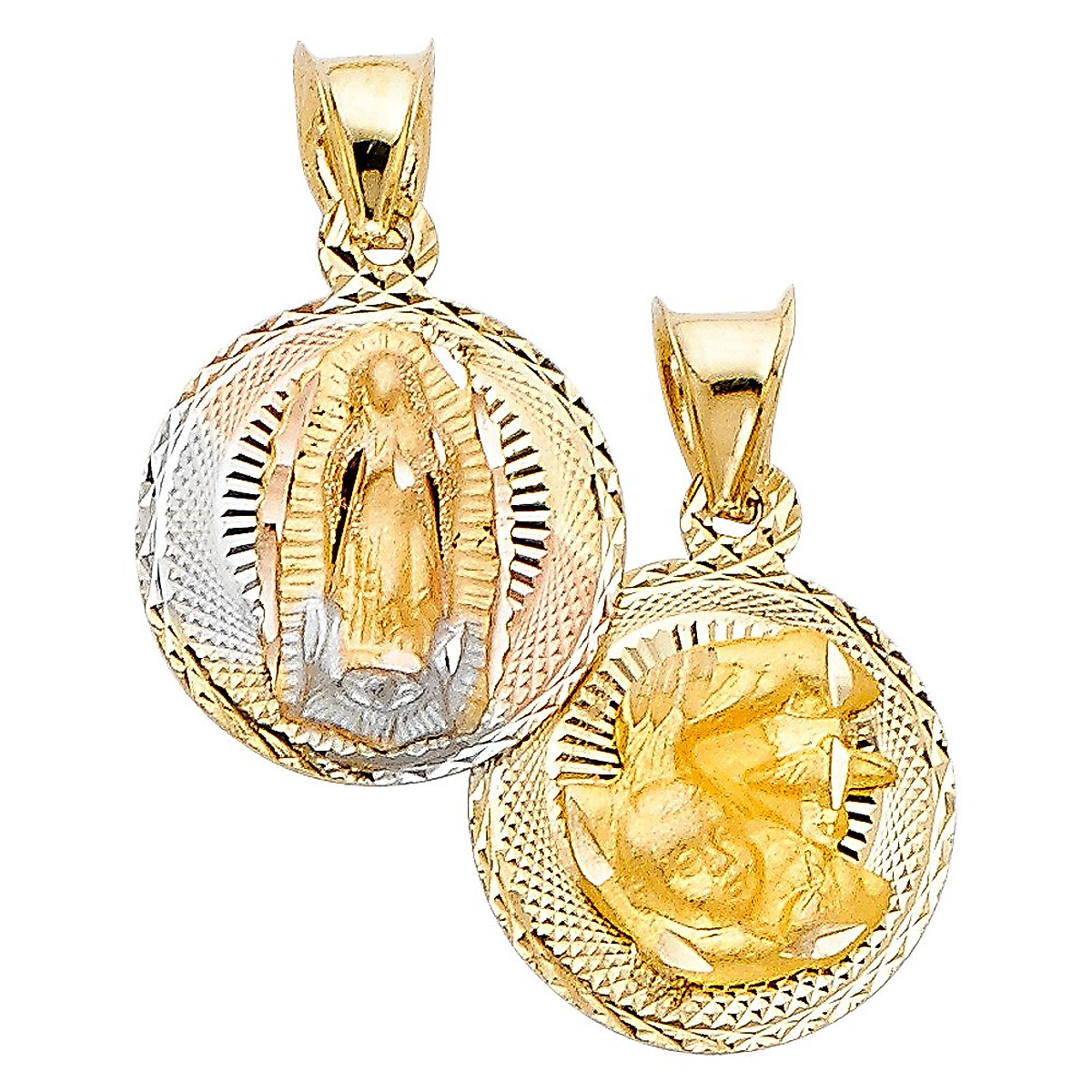 Ioka 14K Tri Color Gold Diamond Cut Double Side Stamp Virgin Mary Baptism Charm Pendant with 1.5mm Valentino Chain Necklace - 18"