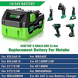 Jialitt 36V/18V 6.0Ah Li-Ion Replacement for Metabo HPT Battery MultiVolt 36V/18V 371751M 372121M BSL36A18 BSL36B18 Cordless Power Tools