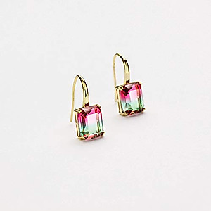 Watermelon Tourmaline Drop Earrings Nickel Free Copper Gradient Color Baguette Cut CZ Earrings for Women Girls