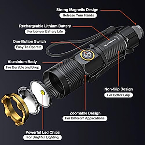 Sogdeco Rechargeable Flashlights High Lumens, Super Bright Small LED Flash Light, 26 Hours Long Lasting, 4 Lighting Modes, Magnetic Zoomable Pocket Flashlight for Emergencies Home Camping (2 Pack)