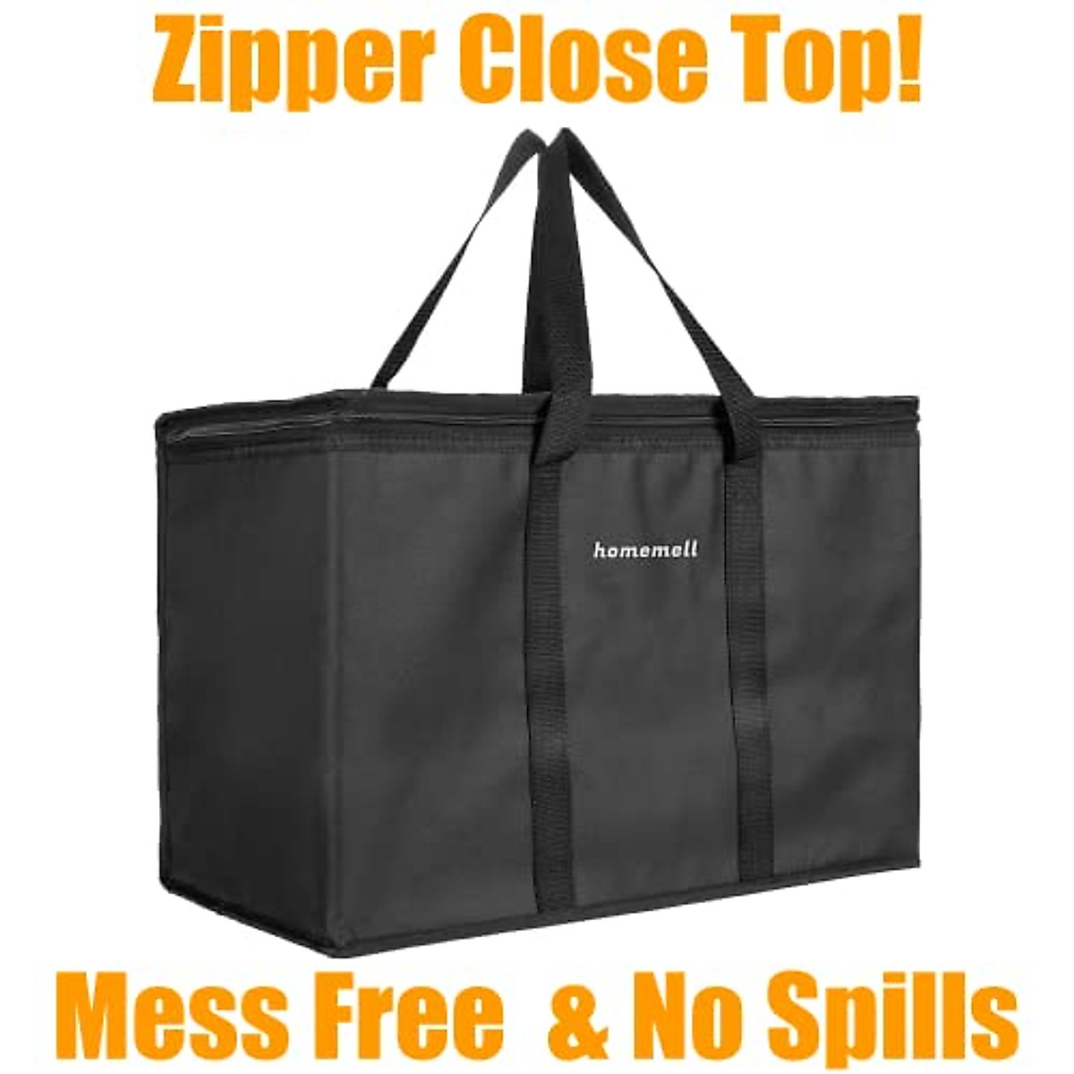 Homemell Insulated Reusable Grocery Shopping Bag with Zippered Top - Hot Delivery Bags Carrier - Keep Frozen Food Cold and Hot Food Warm - Hot Pizza Carrier- Collapsible and Foldable Large Travel Bag - Black Thermal Insulated Cooler Tote Bags