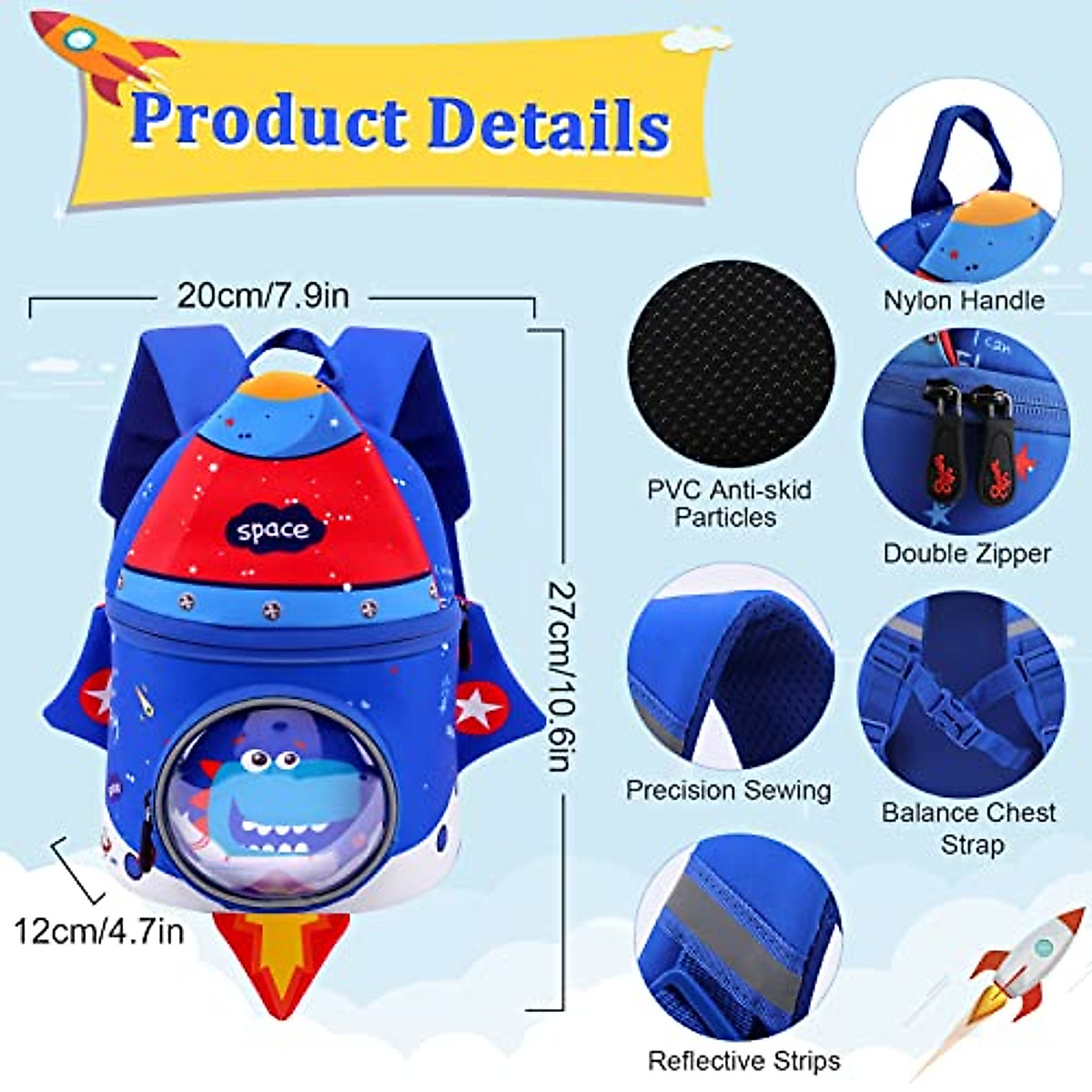 Augot Toddler Backpack, Kids Preschool Backpack 3D Cute Cartoon Backpack for Kids Mini School Backpack for Toddler Boys Girls (Royal Blue, Rocket)