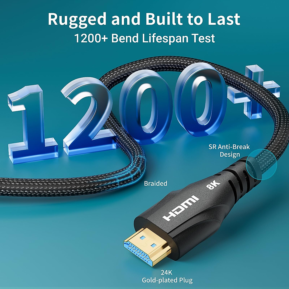 Cratree HDMI Cables 20FT Long - 8K HDMI 2.1 48Gbps Ultra High Speed HDMI Braided Cord,8K 60Hz 4K120Hz,HDCP 2.2&2.3, Compatible with TV/PS4 /PS5/Xbox Series X