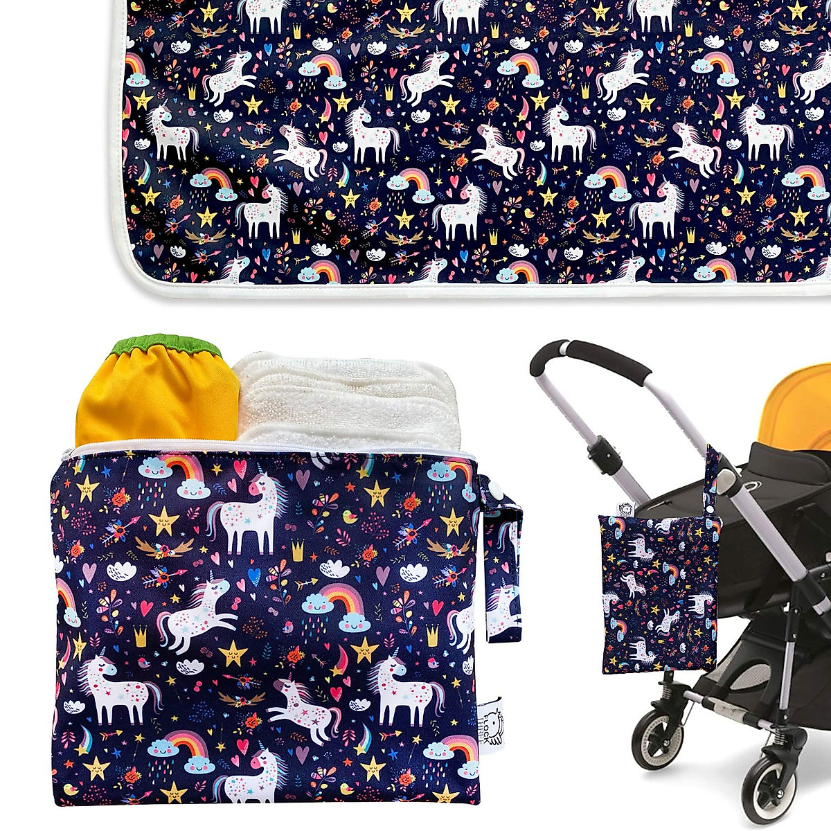 Flockthree Waterproof Baby Diaper Changing Pad with Storage Bag (28.7" X 19.7") Washable Wipeable Reusable Leak Proof Diaper Travel Mat Station Changing Mattress Liner Cribs Bed Cover, Unicorns
