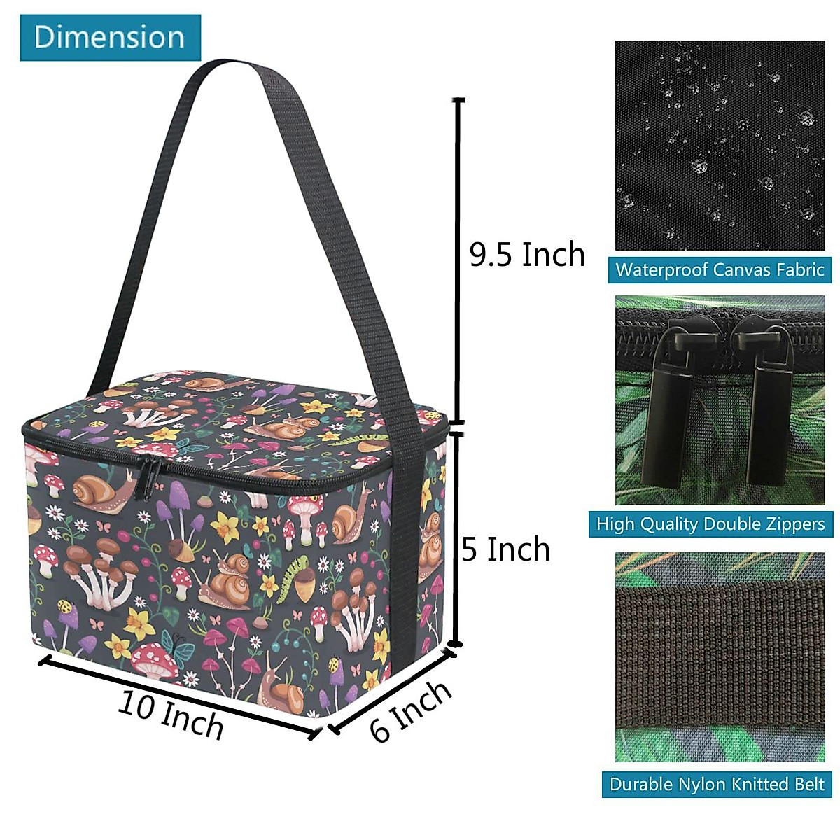 ZZXXB Snail Mushroom Floral Insulated Lunch Bag Cooler Reusable Lunch Box School Office Travel Picnic Tote Bag for Women Men Kids