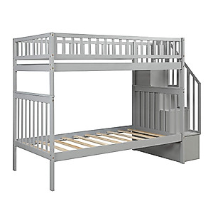 Merax Twin Over Twin Bunk Bed with Trundle, Storage Staircase and Full Length Guardrail, Solid Wood Stairway Bunk Bed, No Spring Box Needed (Grey)