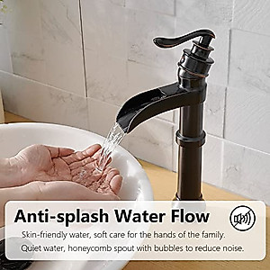 BATHLAVISH Bathroom Vessel Sink Faucet Oil Rubbed Bronze Black Farmhouse Waterfall Single Hole Tall with Pop Up Drain Assembly Without Overflow One Hole Mixer Tap Deck Mount Commercial