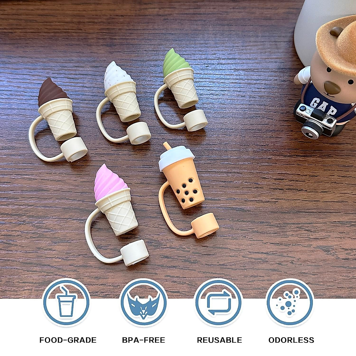 Stanley Straw Cover,5 Pack Straw Cover for Stanley Cup,Silicone Straw Topper 0.4in/10mm for Stanley Cup 30&40 oz for Tumblers(Multicolor Icecream)