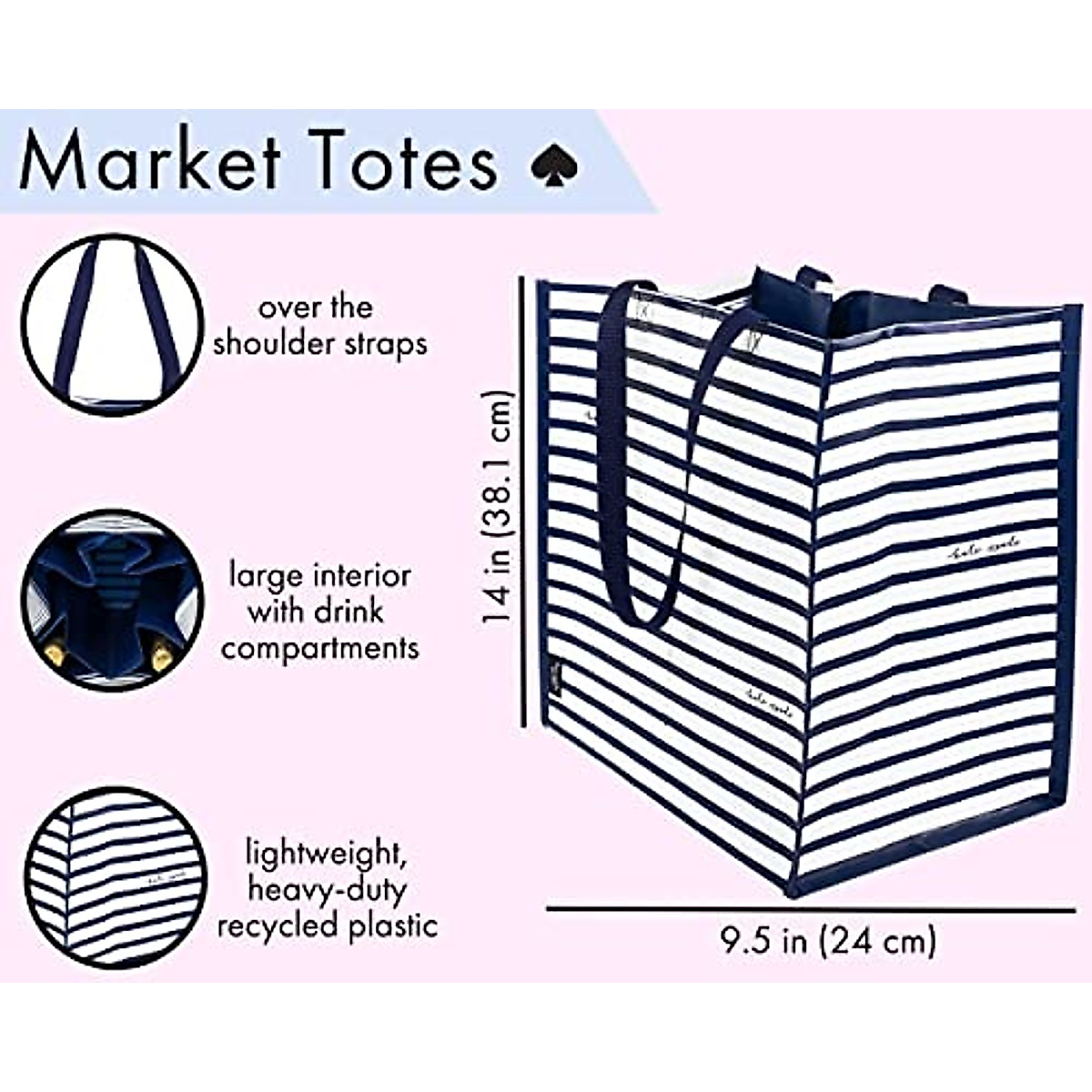 Kate Spade New York Reusable Shopping Bag, Grocery Tote with Shoulder Straps, Large Collapsible Tote, Navy Painted Stripe