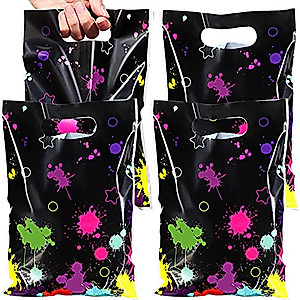 50 Pcs Neon Candy Bags Let's Glow in The Dark Goodie Bag Bulk Plastic Treat Gift Wrap with Handles for Retro 80's 90's Birthday Party Favor Decoration
