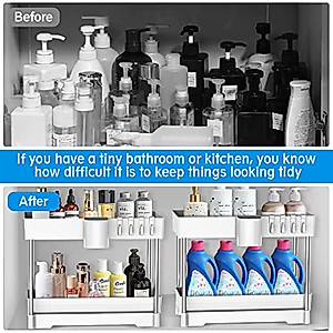 2 Pack Under Sink Organizers and Storage Pull Out Drawers,2 Tier Sliding Under Cabinet Organizer, Bathroom Organizer Under Kitchen Sink Storage, Under Sink Shelf Baskets with 4 Cups 8 Hooks.White…