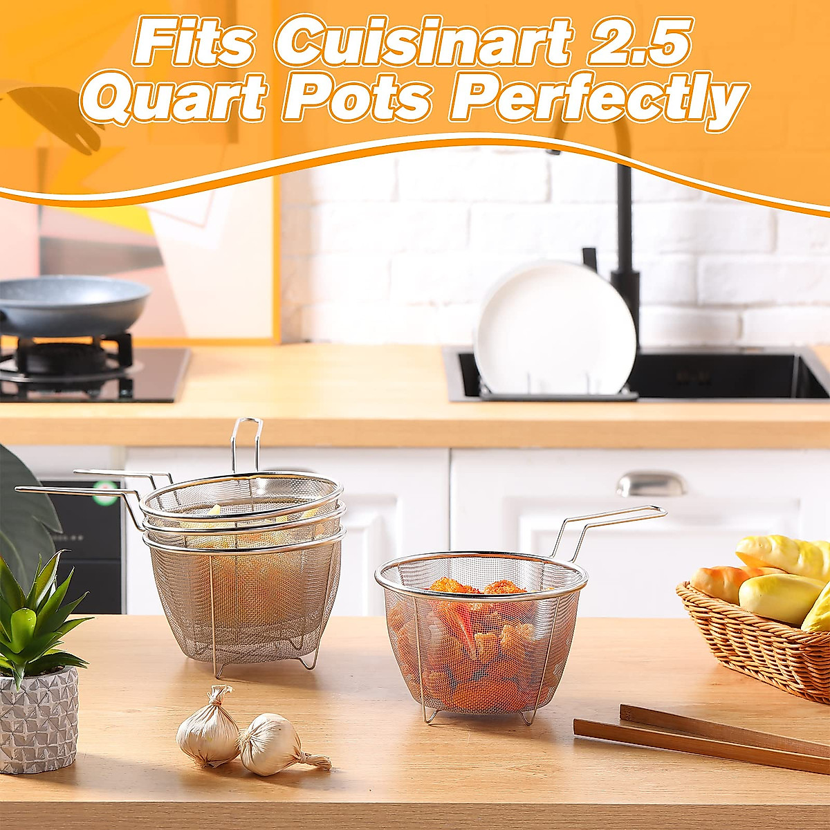 Nuanchu 4 Pieces Deep Fry Basket 7.1 Inch Round Wire Fry Basket Stainless Steel Fryer Basket with Long Handle Frying Fryer Strainer for Pot French Fries Turkey Chicken Kitchen Cooking Tools