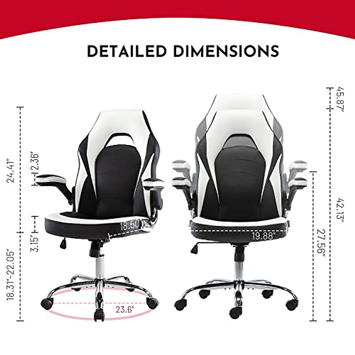 Office Chair, Ergonomic Desk Chair Flip-up Padded Armrests Gaming Chair PU Leather Computer Chair Executive Swivel Task Chair for Working Studying (White, Flip-up armrest)