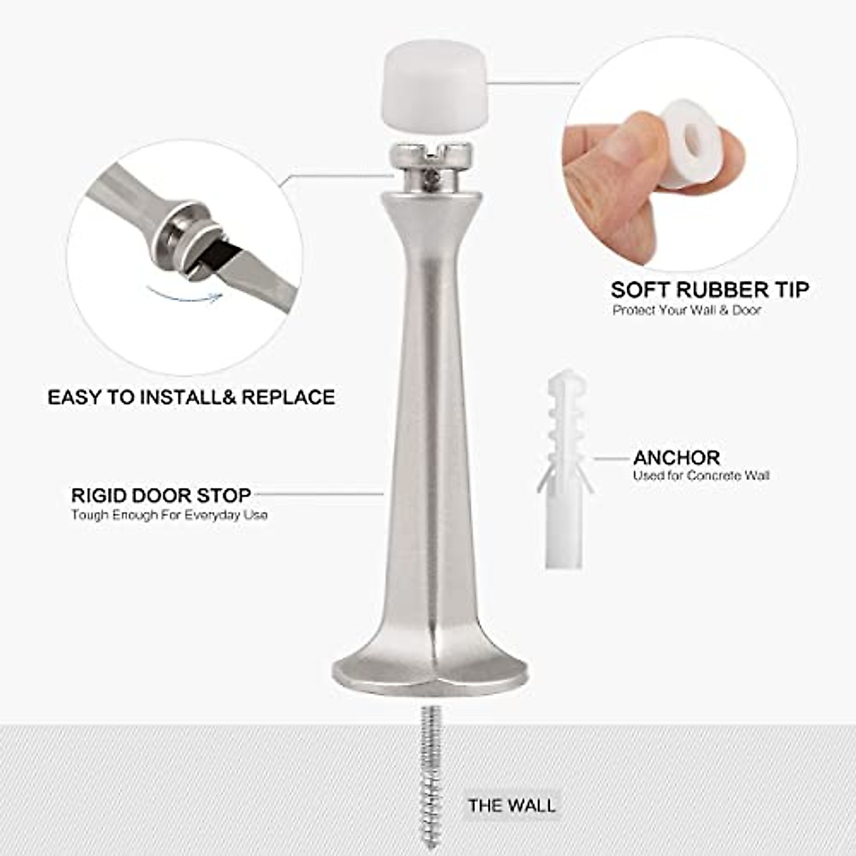 GDFYMI Solid Rigid Door Stops, Heavy Duty Durable Door Stopper Wall Protector with Soft Rubber Tip, Zinc Alloy (White, 4 Pack)