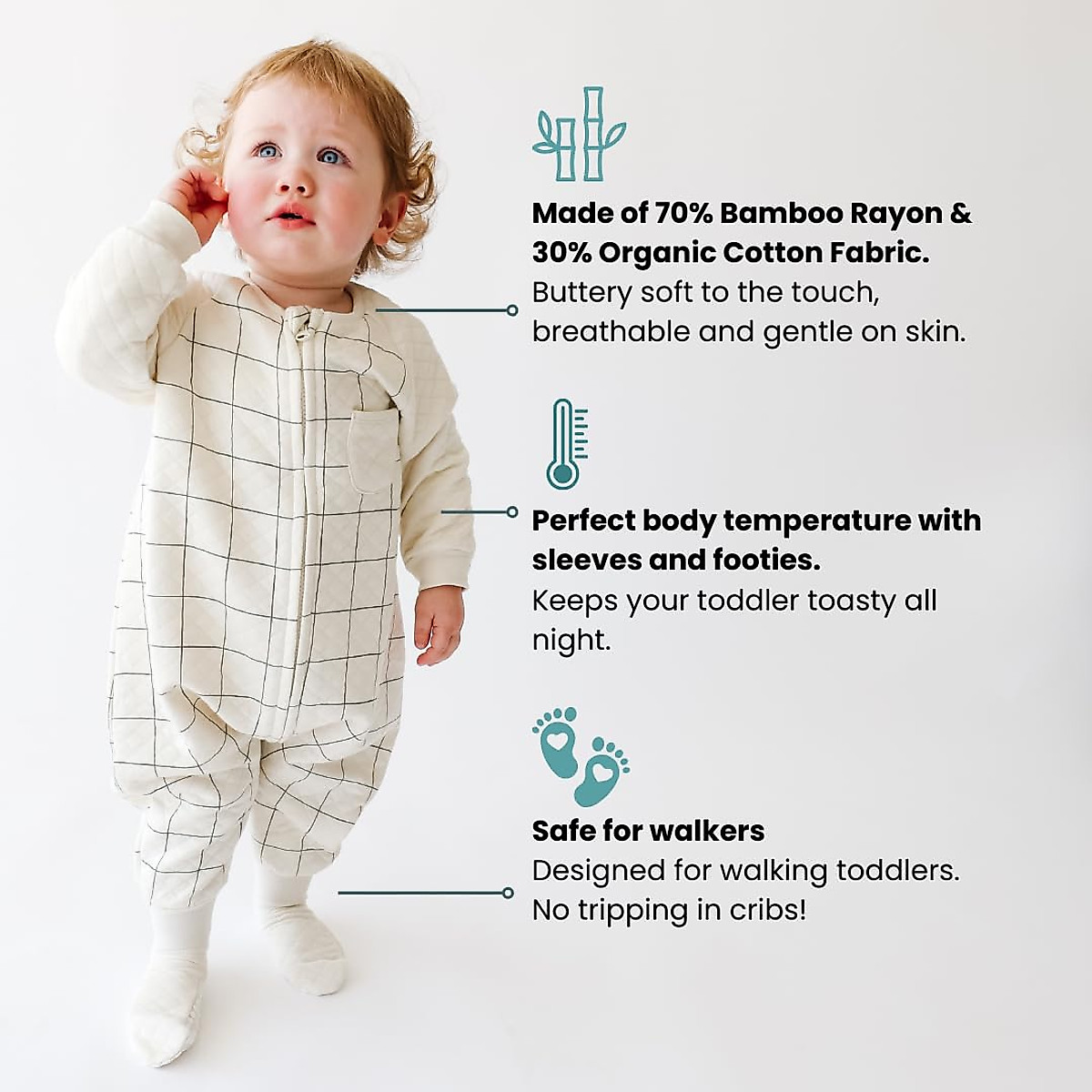 Tealbee Dreamsie: Toddler Sleep Sack with Long Sleeves and Footies 2T-3T - 0.8 TOG Summer Baby Wearable Blanket for Walkers - Rayon made from Bamboo, Organic Cotton Sleep Bag Feet Cover - Checkered