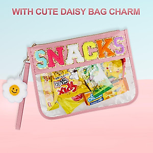 EYEDESL Chenille Letter Bags,Clear Snack Bag Pouch with Chenille Daisy Charm for Women Girls
