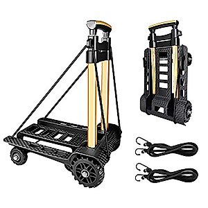 Folding Hand Truck Portable Dolly Compact Utility Luggage Cart with 70Kg/155Lbs Heavy Duty 4 Wheels Solid Construction Adjustable Handle for Moving Travel Shopping Office Use (Black)