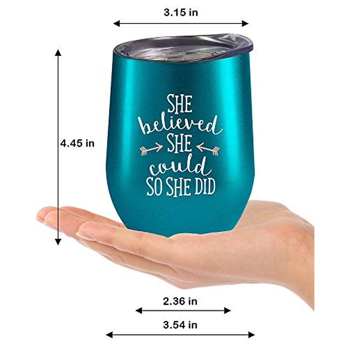 Fancyfams She Believed She Could So She Did - Congratulations Gifts - Graduation Gifts for Her - 12 oz Stainless Steel Wine Tumbler (Turquoise)