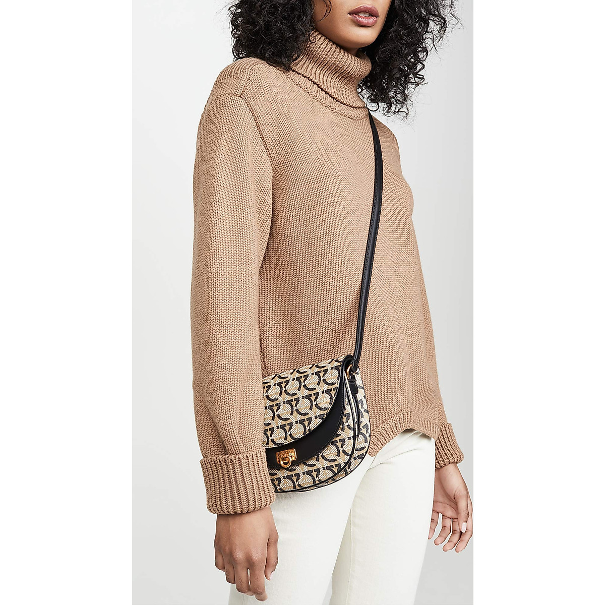 Salvatore Ferragamo Women's Ferragamo Traveler Saddle Bag, Gancini Sand/Foster Nero, Black, Print, One Size