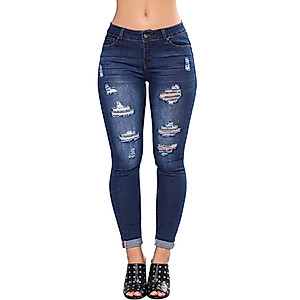 Women's High Waisted Stretch Ripped Skinny Jeans Juniors Destroyed Butt Lifting Denim Pants (Blue, US 10)