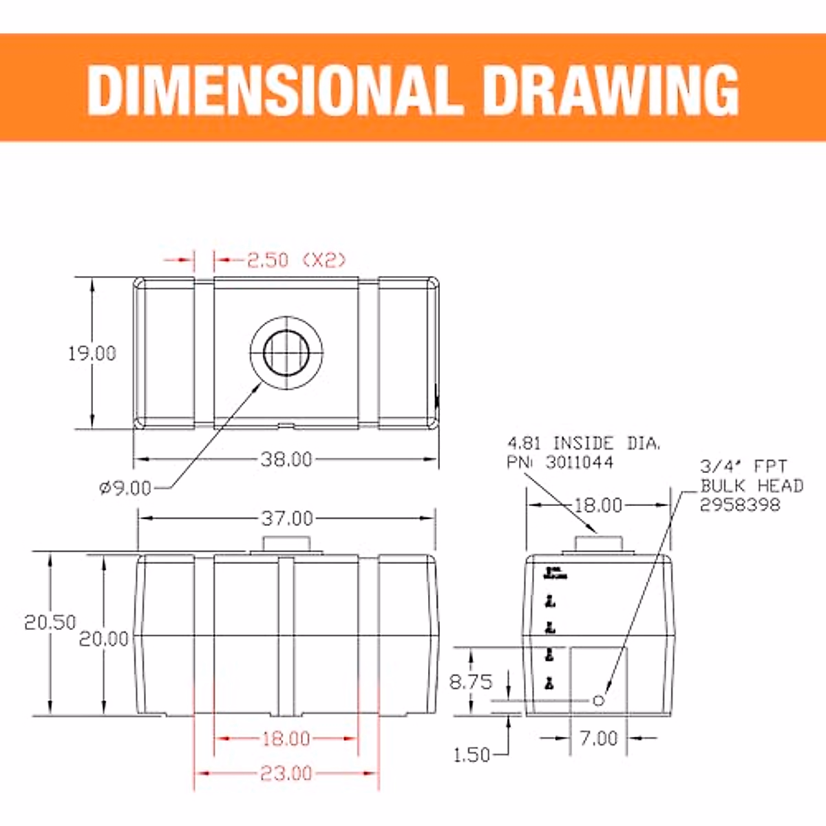 RomoTech 82123919 Horizontal Square Polyethylene Reservoir Water Tank for Farming Construction and More, 50 gallon, saddle