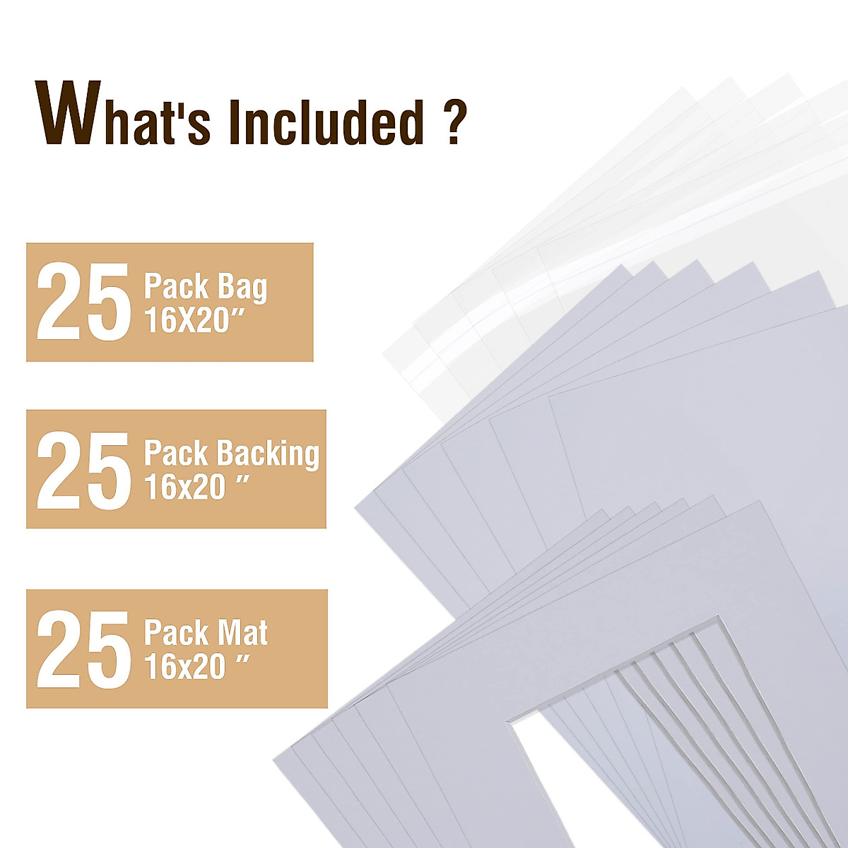 Falling in Art 25 Pack Acid-Free 16x20" White Picture Mats Board Show Kit for 11x14" Pictures, 4-Ply Beveled Precut Photo Boards with Backing Boards and Plastic Clear Bags