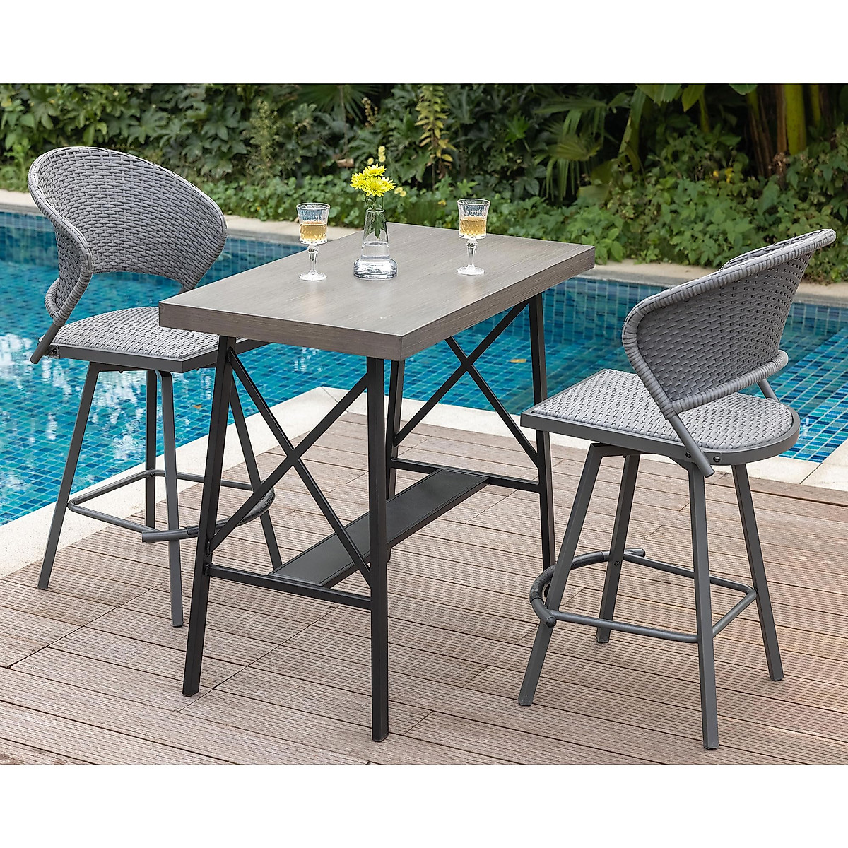 VICLLAX Outdoor Swivel Bar Stool Set of 6, Patio Bar Chairs Metal Counter Height Bar Stools Wicker Barstools for Garden Balcony Porch, Light Grey