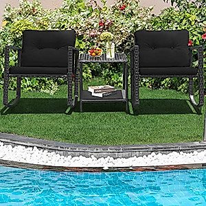 RELAX4LIFE Outdoor Rocking Chair Set, 3-Piece PE Rattan Bistro Set Patio Wicker Conversation Set w/Cushions Table & Storage Shelf, Outdoor Furniture for Garden, Backyard and Poolside (Black)