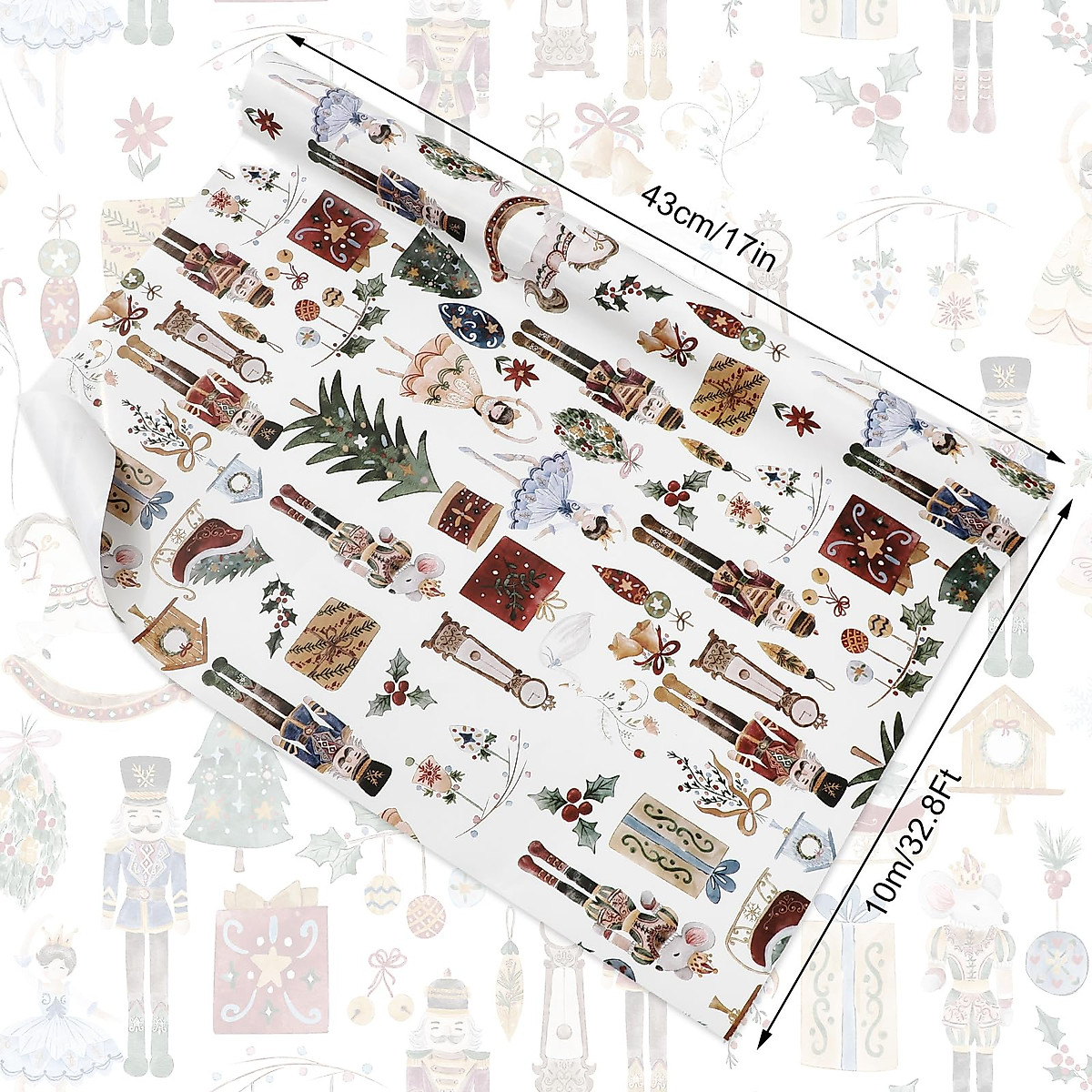 JarThenaAMCS Christmas Wrapping Paper -Mini Roll- 17 Inch x 32.8Ft Nutcracker Gift Wrap Paper Xmas Cartoon Art Paper for Wedding Birthday Bridal Shower