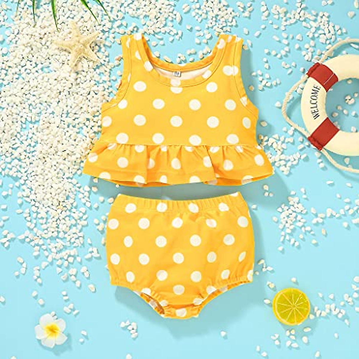 LUZOZEZO Toddler Baby Girls Summer Swimsuit Sleeveless Yellow Polka Dot Swimwear 2-Piece Bathing Suit Beach Bikini
