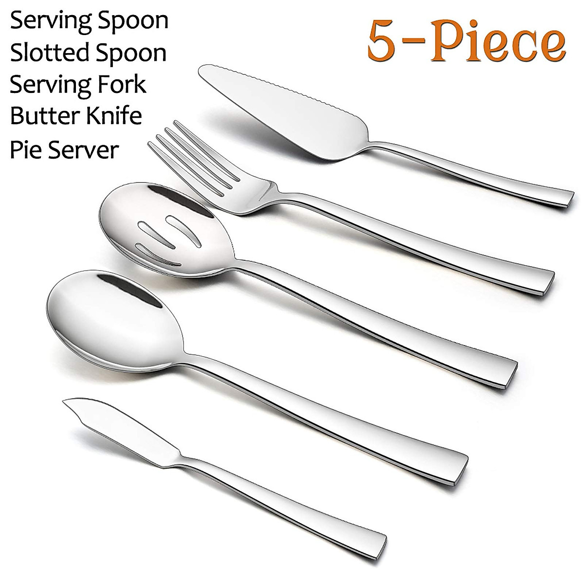 E-far 5-Piece Serving Utensils, Stainless Steel Square Edge Hostess Serving Set for Buffet Party Kitchen Restaurant, Mirror Finished & Dishwasher Safe