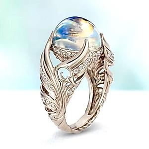 SSZUKOOU Unique 925 Sterling Silver Floral Ring Angel Wings Wedding Band Charming Moonstone Diamond Jewelry Casual Accessory Engagement Rings (US 8)