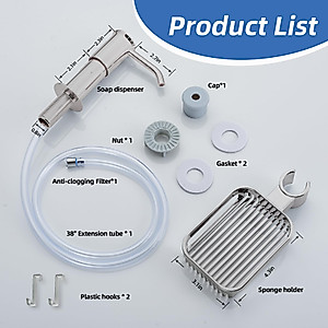 HAPPUP Soap Dispenser for Kitchen Sink, Built in Soap Dispenser Pump with Sponge Holder, Under Counter Brushed Nickel ABS Pump Head with 38" Extension Tube Kit, Good Suction Power