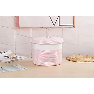 YUKIMOCOO S Size Pink Cotton Rope Basket with Lid Mini Woven Basket Cute Toy Storage Basket Towel Storage Little Organizer Pink Basket for Living Room Nursery Storage Basket Pink Basket for Girl