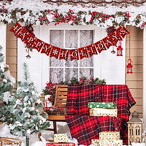 Plaid Happy Holidays Banner Burlap Christmas Rustic Bunting Banner for Christmas Hanging Decorations