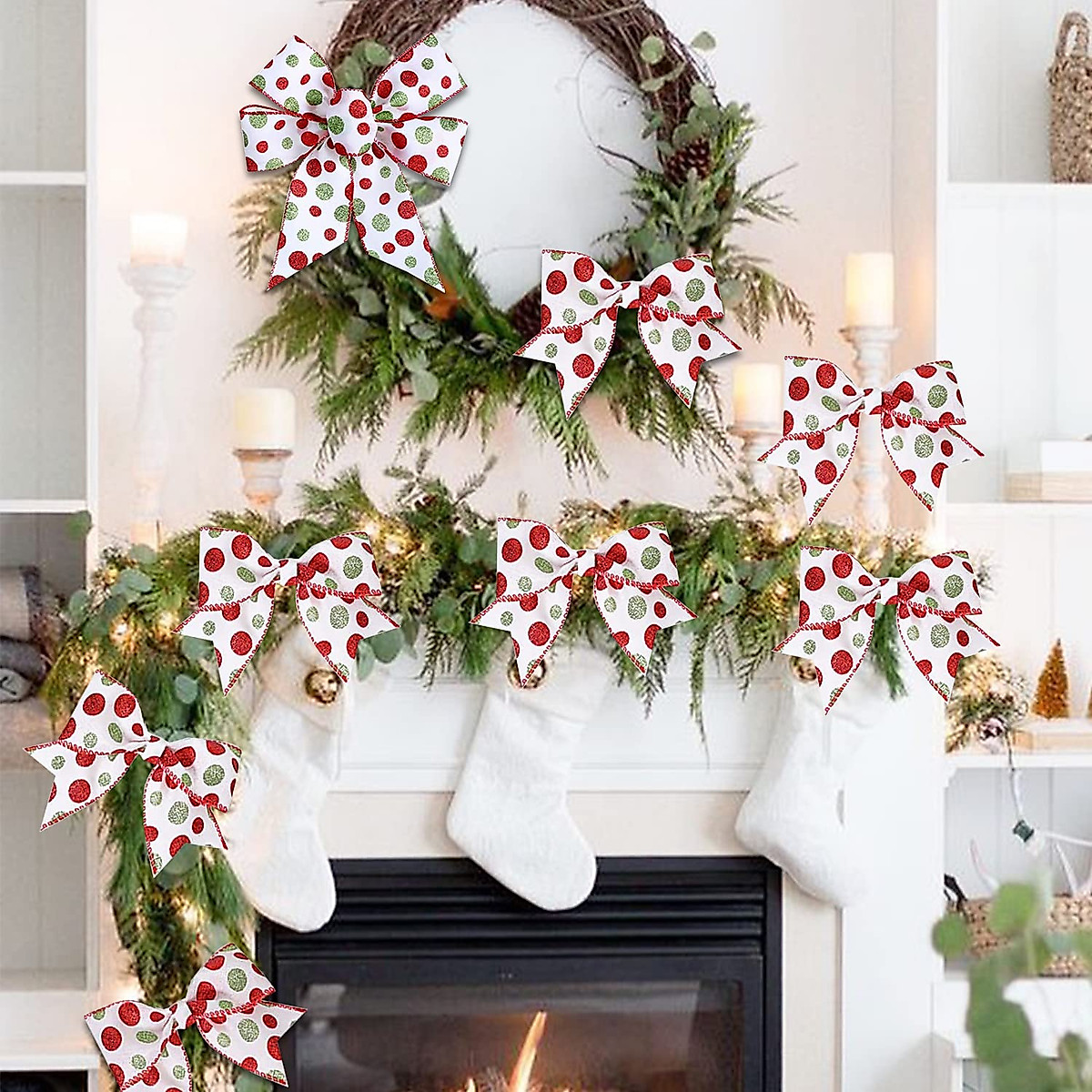 2 Rolls Christmas Ribbons Polka Dot Ribbon Wired Glitter Christmas Wired Ribbons Burlap Decorative Ribbons for DIY Craft Wreath Bows (Green, Red, 2.5 Inch x 6 Yard Per Roll)