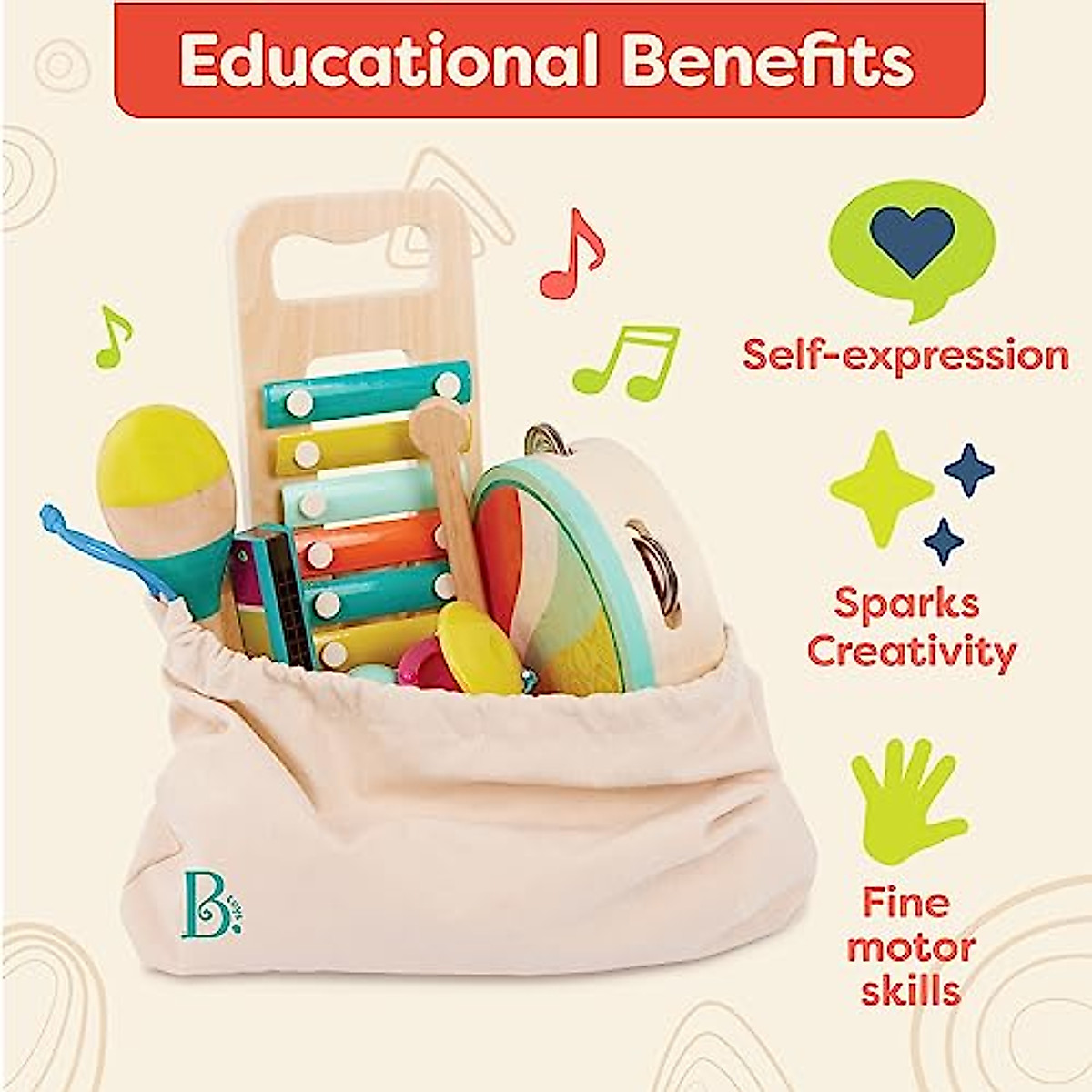 B. toys- Make a Melody- 9pc Wooden Musical Instruments – Xylophone, Tambourine, Harmonica – Drawstring Storage Bag – 2 Years +