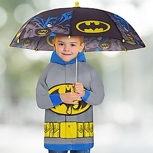 DC Comics Boys Umbrella And Poncho Raincoat Set, Batman Boys Rain Wear For Toddler Ages 2-4 Or Kids Ages 4-7