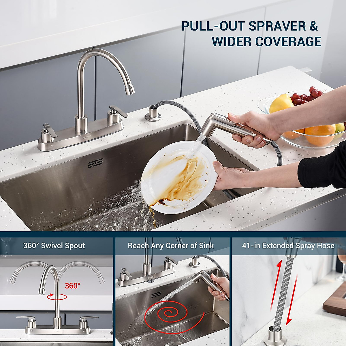 DAYONE Kitchen Faucet with Side Sprayer 2 Handle Brushed Nickel, 8 Inches 4 Holes Centerset Kitchen Sink Faucet, Pull Out Stainless Steel Sink Faucets for RV Laundry Bar with Supply Lines, DAY-CR2001