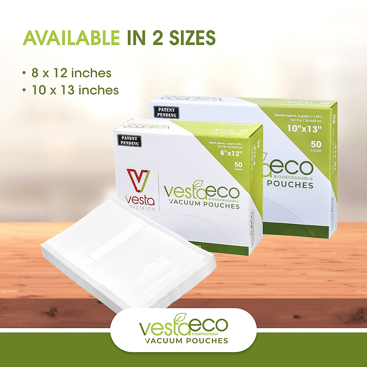 VestaEco Chamber Machine Vacuum Pouches - Certified Commercially Compostable - Flat and Clear Vacuum Sealer Bags - Great for Food Storage and Sous Vide - 8 x 12 inches - 50 Vacuum Seal Bags Per Box