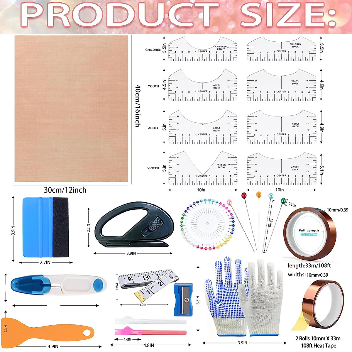 XEUZK Sublimation Shirts Tool Kits with 8 T Shirt rulers, 3Pack Teflon Sheet for Heat Press 12 x 16in, Heat Resistant Gloves with Silicone Bumps, 2 Rolls Heat Resistant Tape, 2Pcs Sublimation Pencil