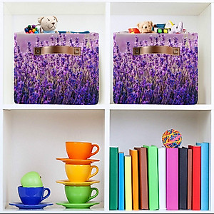 AUUXVA Storage Basket Purple Lavender Field Storage Cube Box Durable Canvas Collapsible Toy Basket Organizer Bin with Handles for Shelf Closet Bedroom Home Office