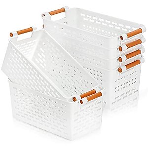 Yesland 6 Pack Plastic Storage Basket, White Organizing Bins Basket with Handles, Sturdy Plastic Closet Baskets Containers for CD, Small Closet Storage in Home Office - 12 x 6 x 5 Inches